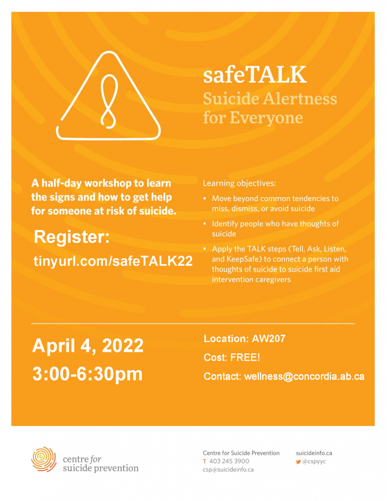 Free safeTALK training for CUE community - Concordia University of Edmonton